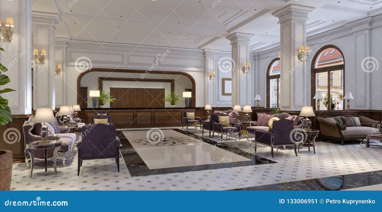 Lounge and Hallway Area with Wooden Reception Desk Stock Illustration ...