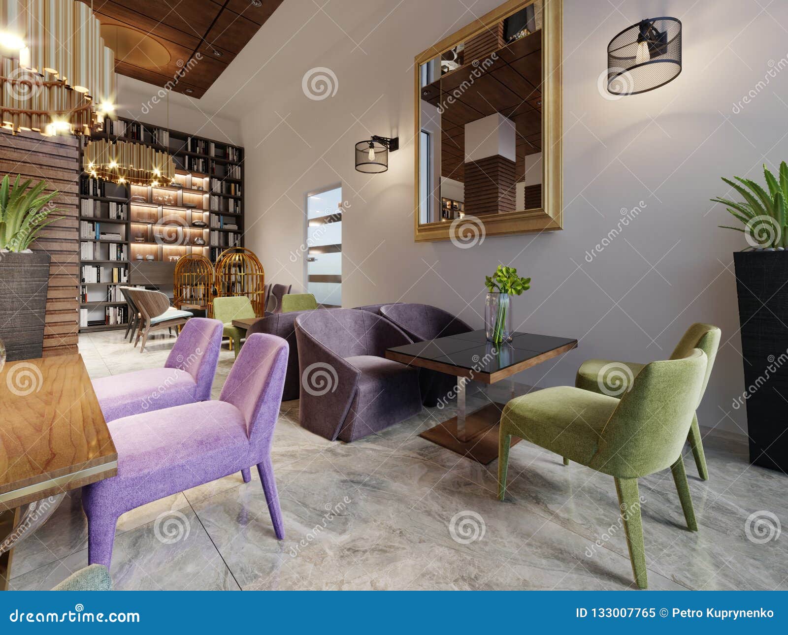 Library. Modern Public Library Interior With Bookshelves, Chairs, Desks ...