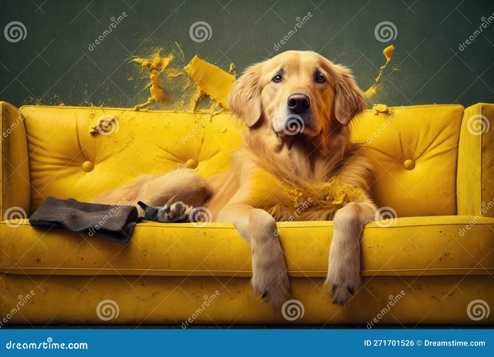 Lovable Golden Retriever Splayed Out on a Yellow Sofa in a Disorganized ...