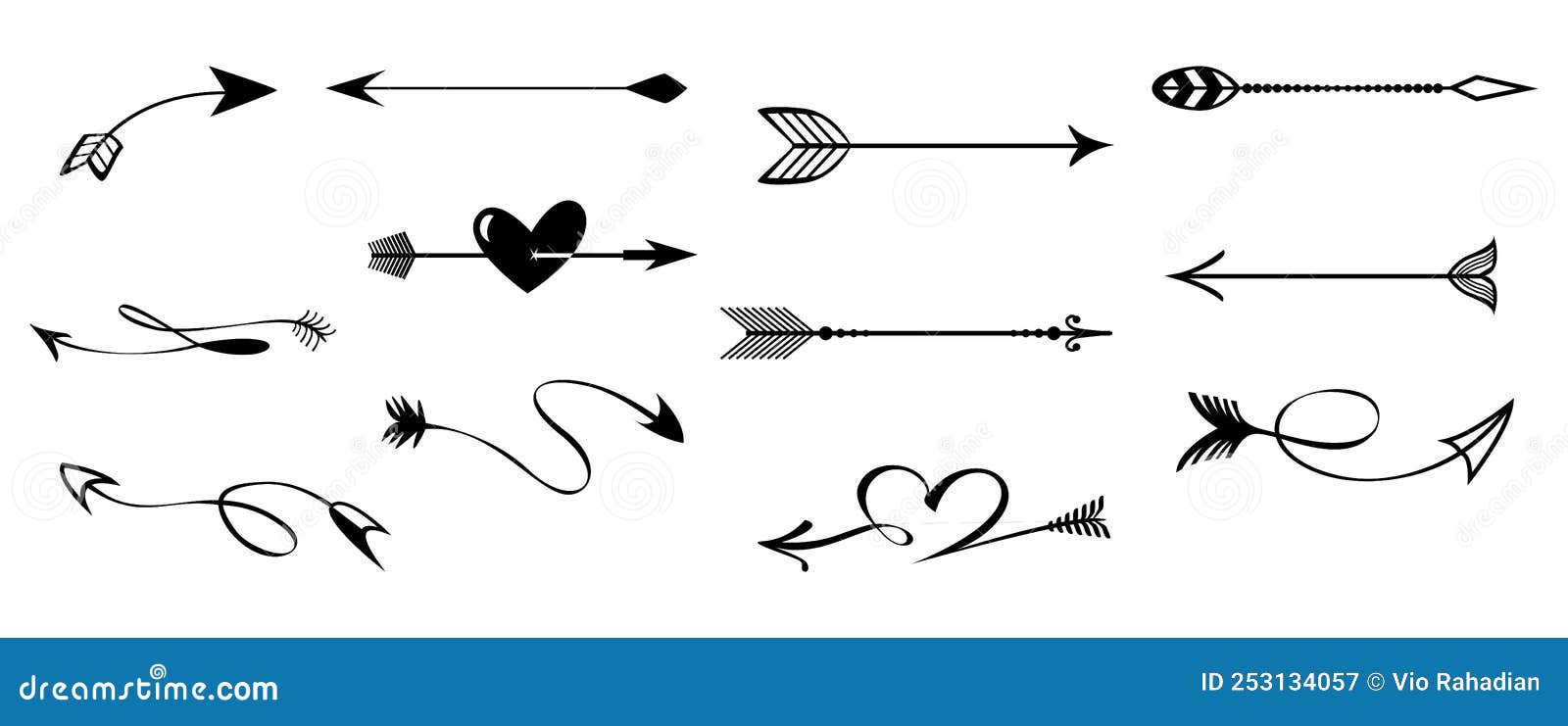 Hand Drawn Arrows. Black Arrows. Arrow Curved Sketch Love Sign. Stock ...