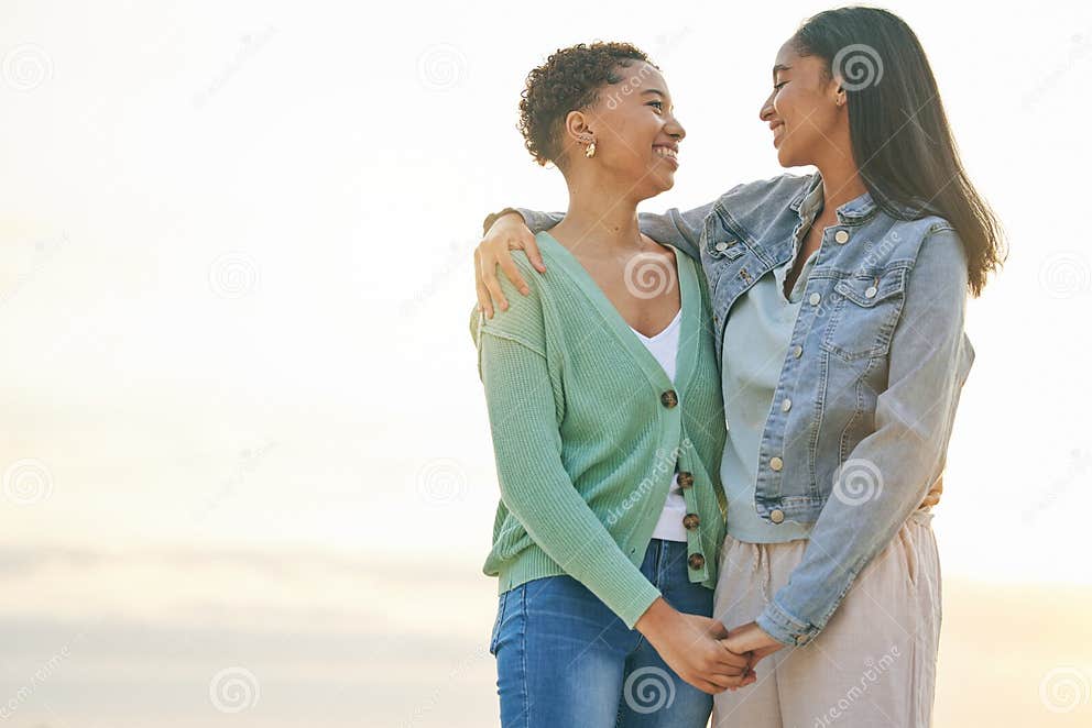 Love Beach And Mockup Lesbian Couple Hug And Holding Hands Together