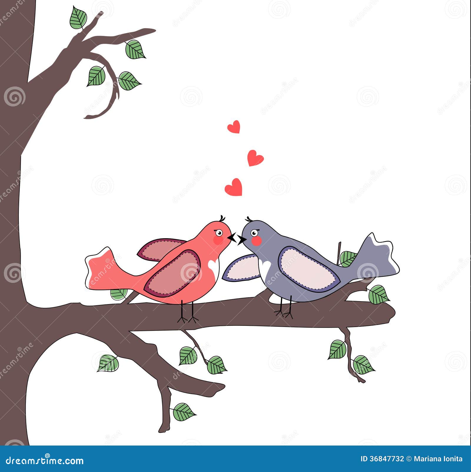 Love Birds on a Tree Branch Stock Illustration - Illustration of card ...