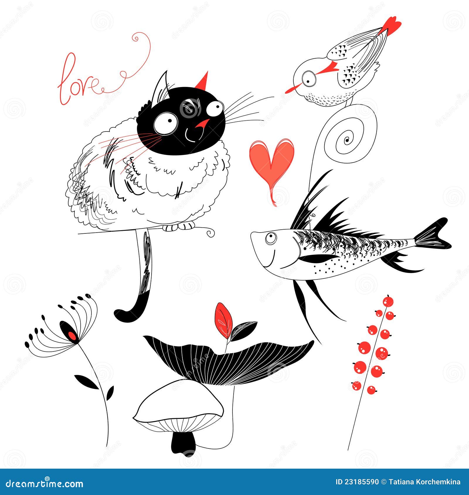 Love the Cat with the Fish and Bird Stock Vector - Illustration of ...