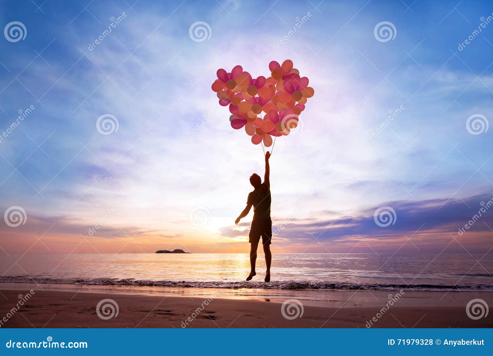 Love Concept, Man Flying with Heart from Balloons Stock Photo - Image ...