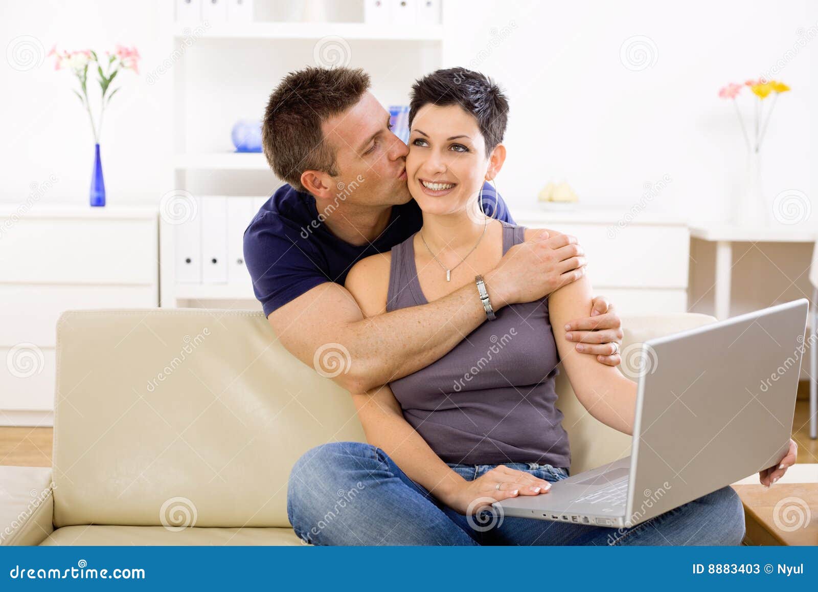 Love Couple Using Laptop Computer Stock Image - Image of indoors, close ...