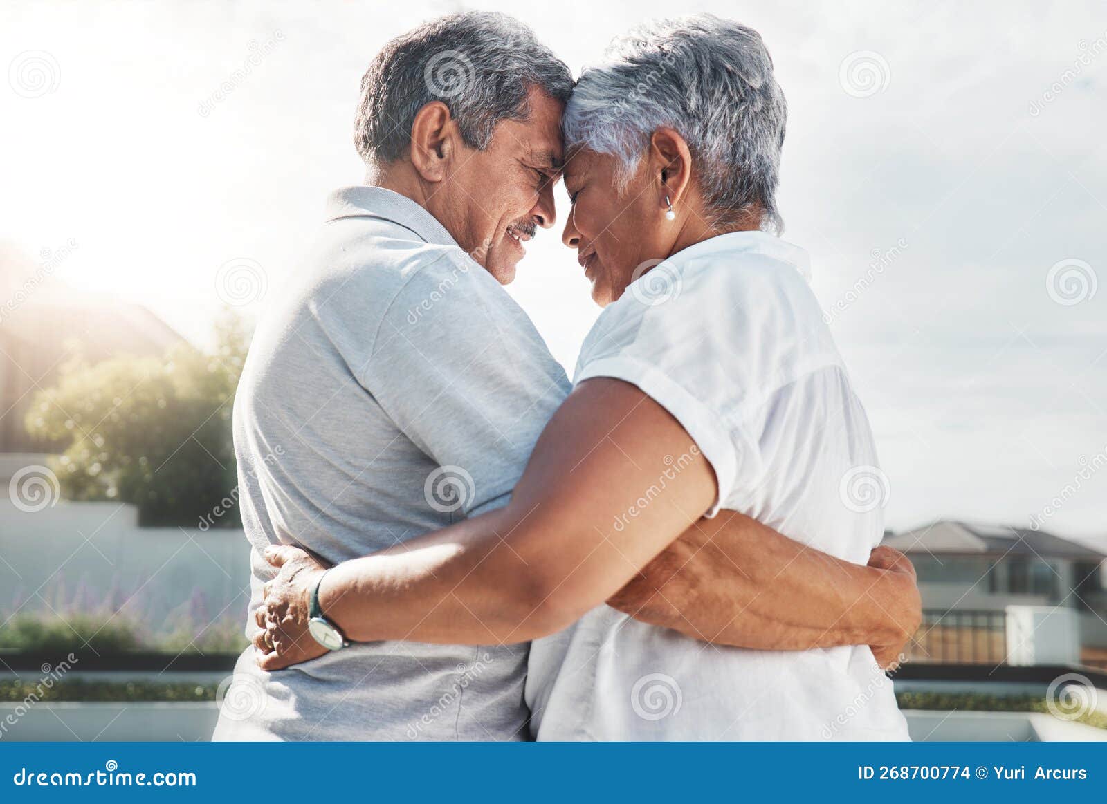Love Forehead And Senior Couple Hug Outdoor And Celebrate Achievement