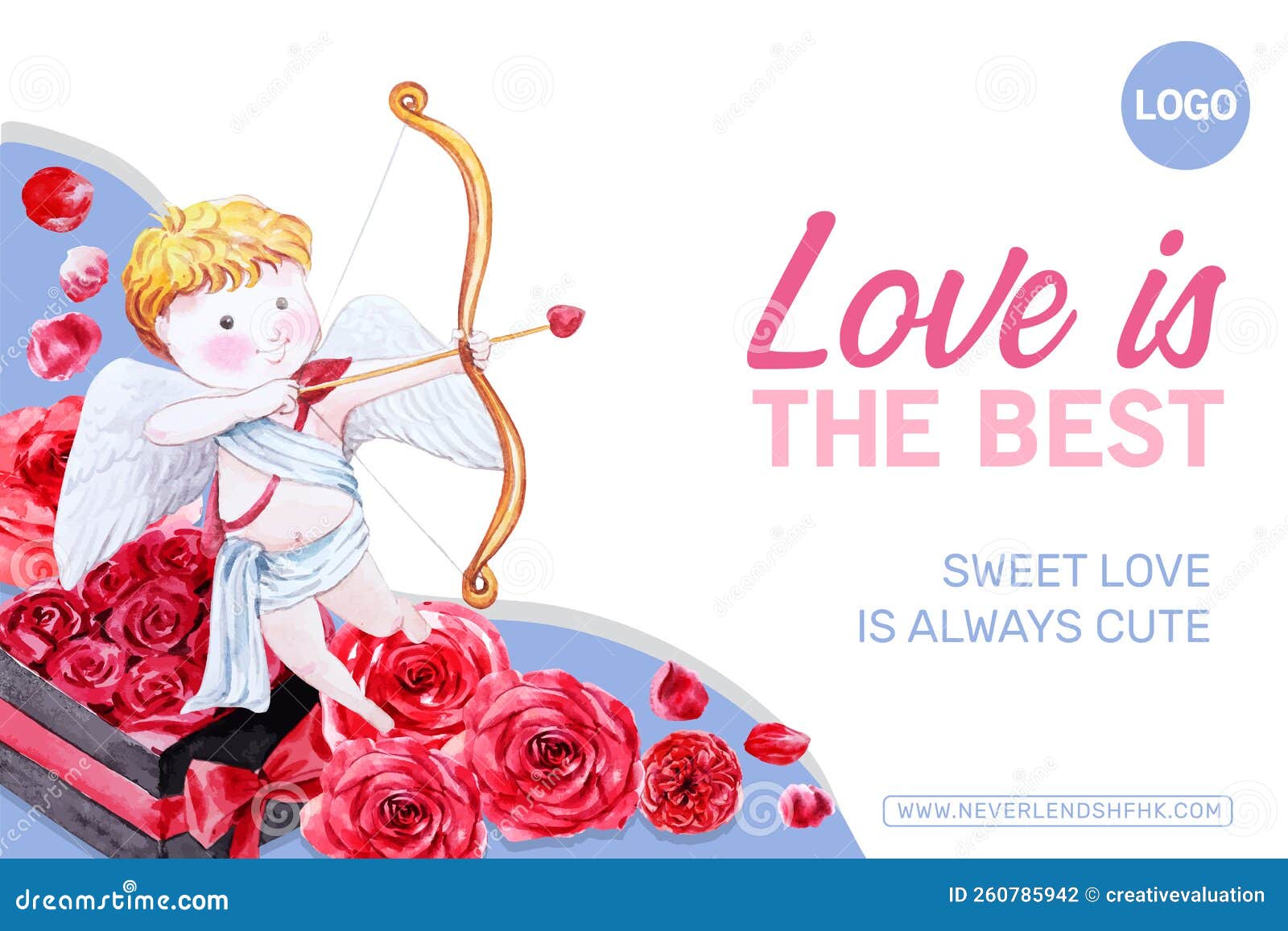 Love Frame Design with Cupid, Rose Watercolor Illustration Stock ...