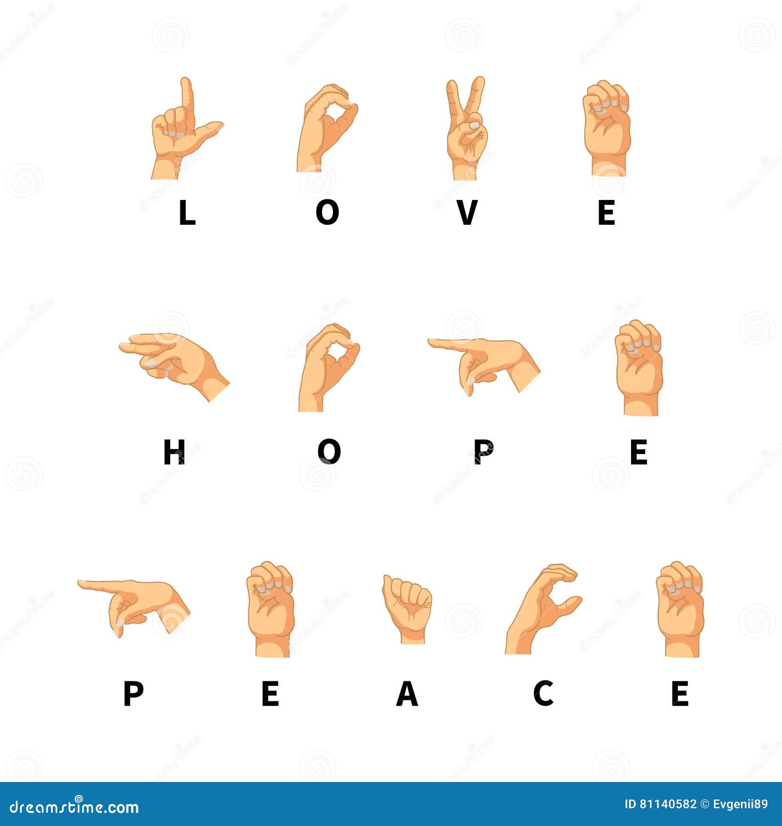 Love, Hope and Peace Words on Hand Language Stock Illustration ...