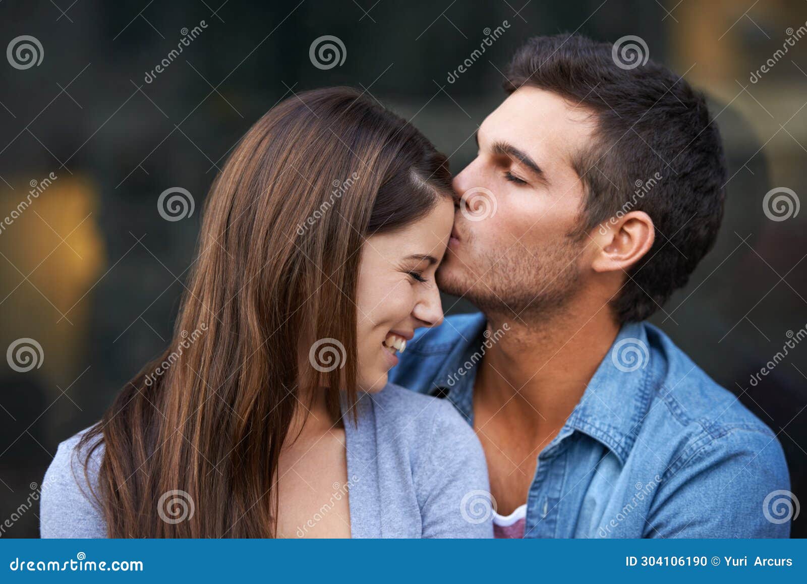 Love Kiss Forehead And A Happy Couple Outdoor For Care Commitment And