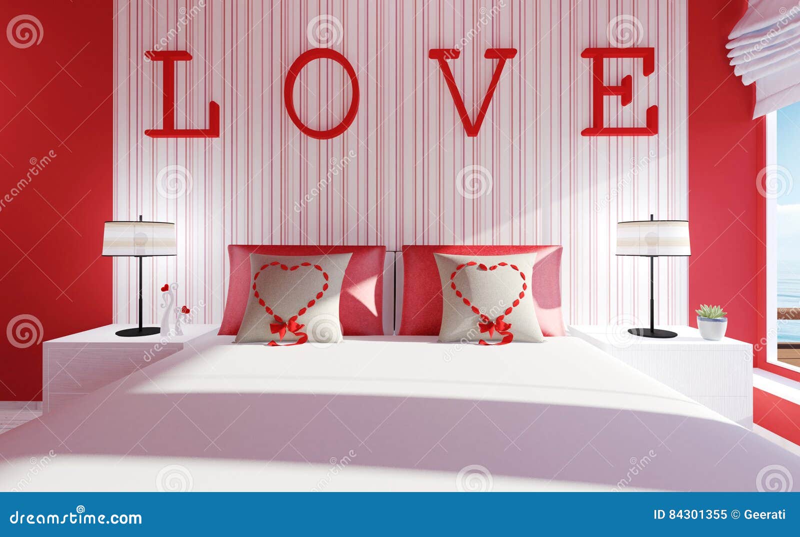 Love-Modern Bedroom Interior for Valentine`s Day Stock Illustration ...