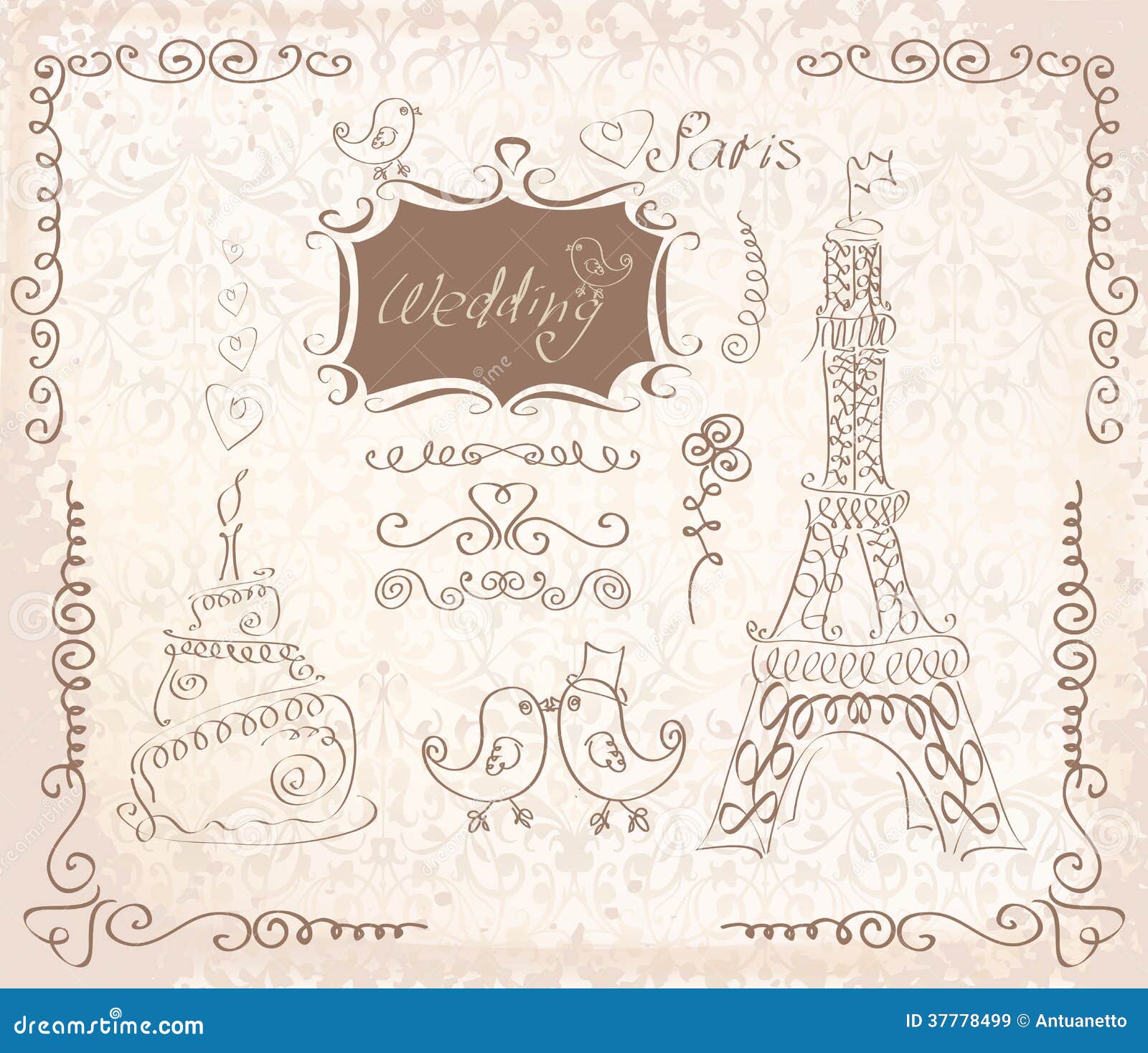 Paris Doodles Elements. Hand Drawn Set With Eiffel Tower Bred Cafe ...