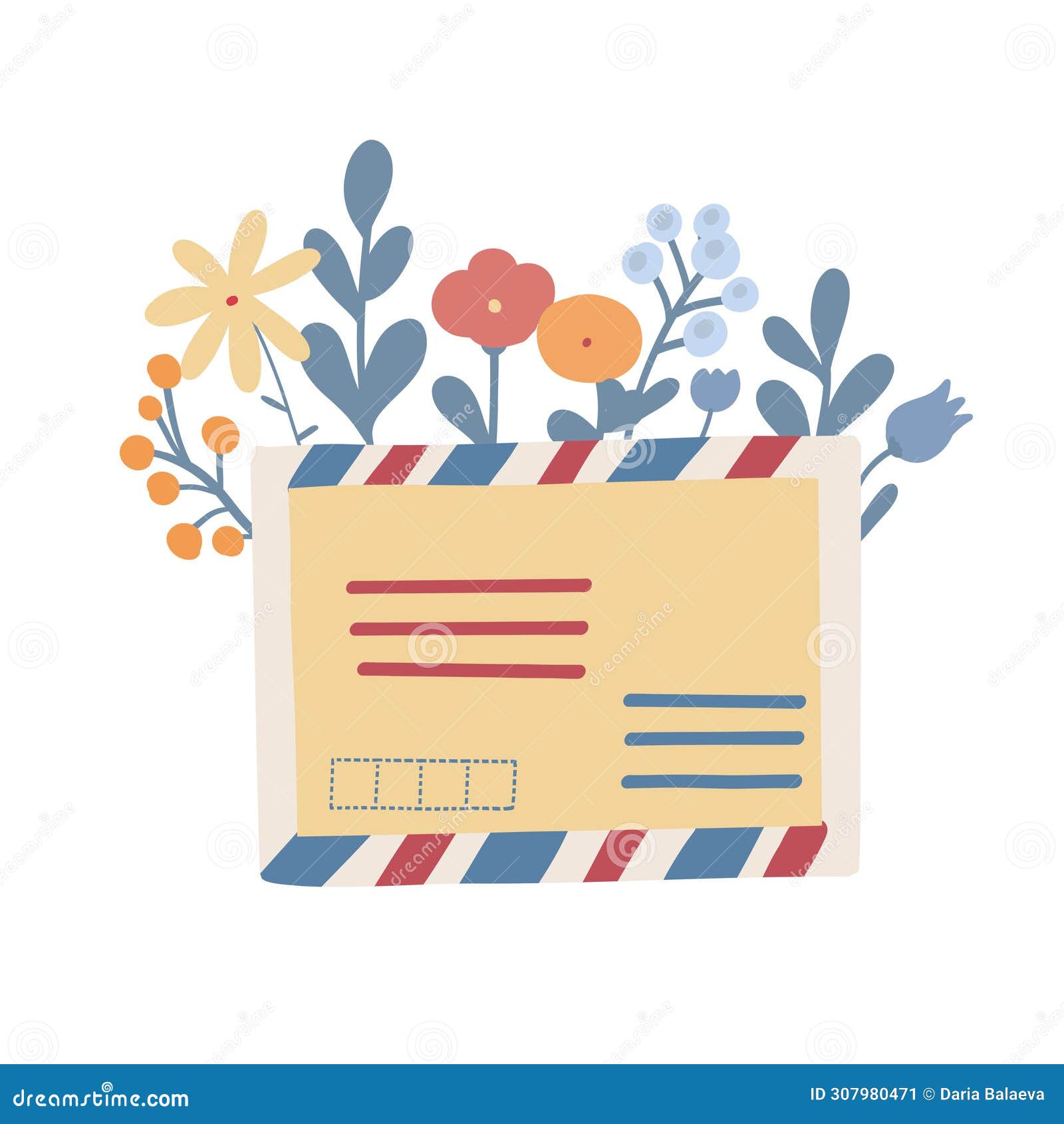 Love Post Letter Flat Design with Flowers Stock Vector - Illustration ...
