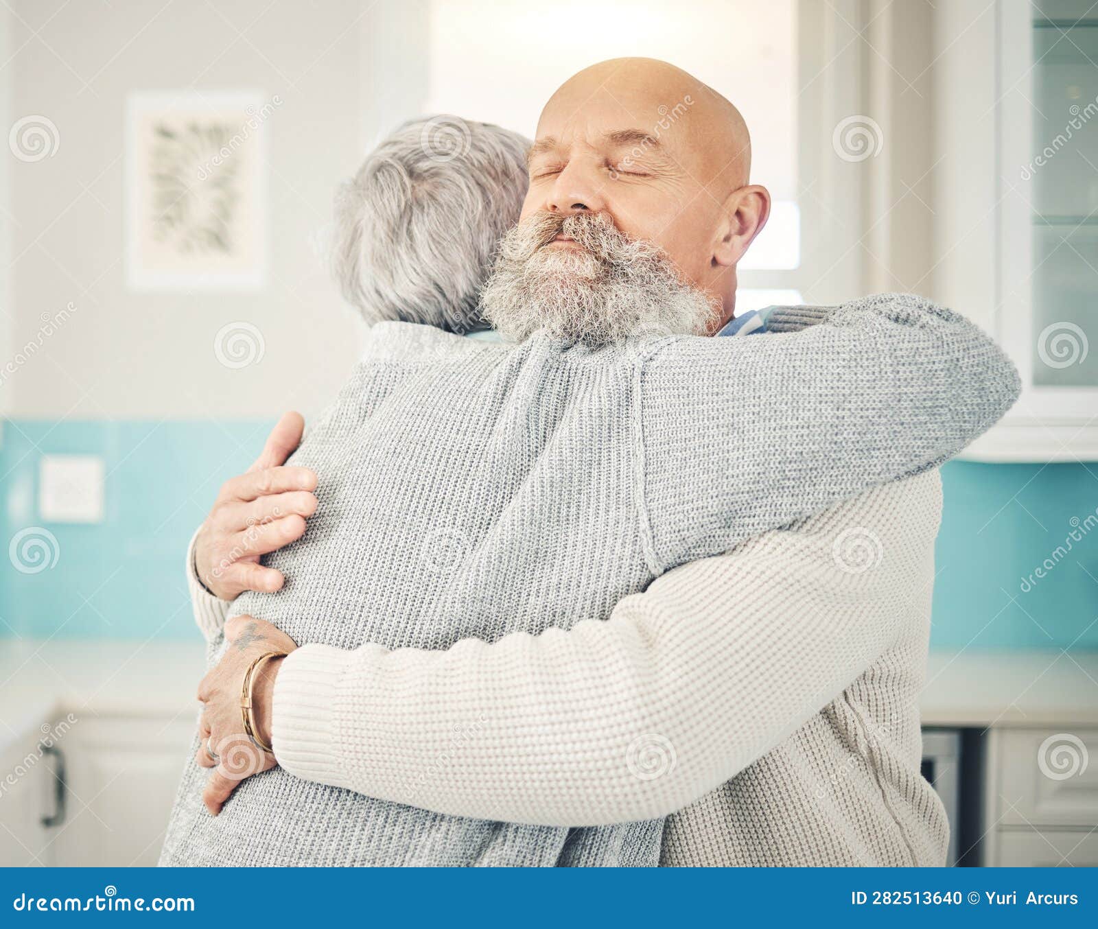 Love Romance And Senior Couple Hugging In The Kitchen Together In
