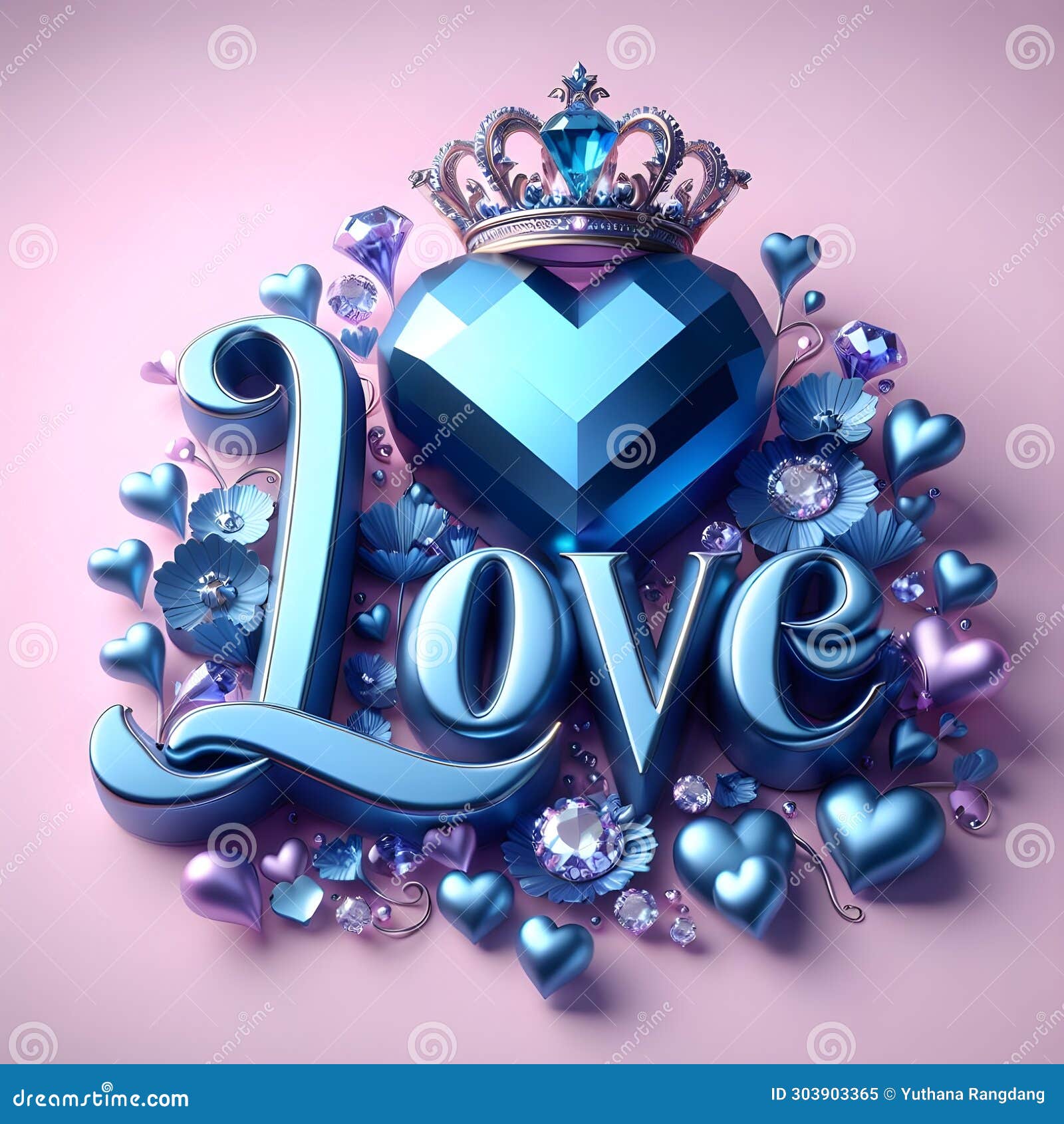 Love Text in Elegant Blue Typography with a Metallic Blue Heart. Stock ...