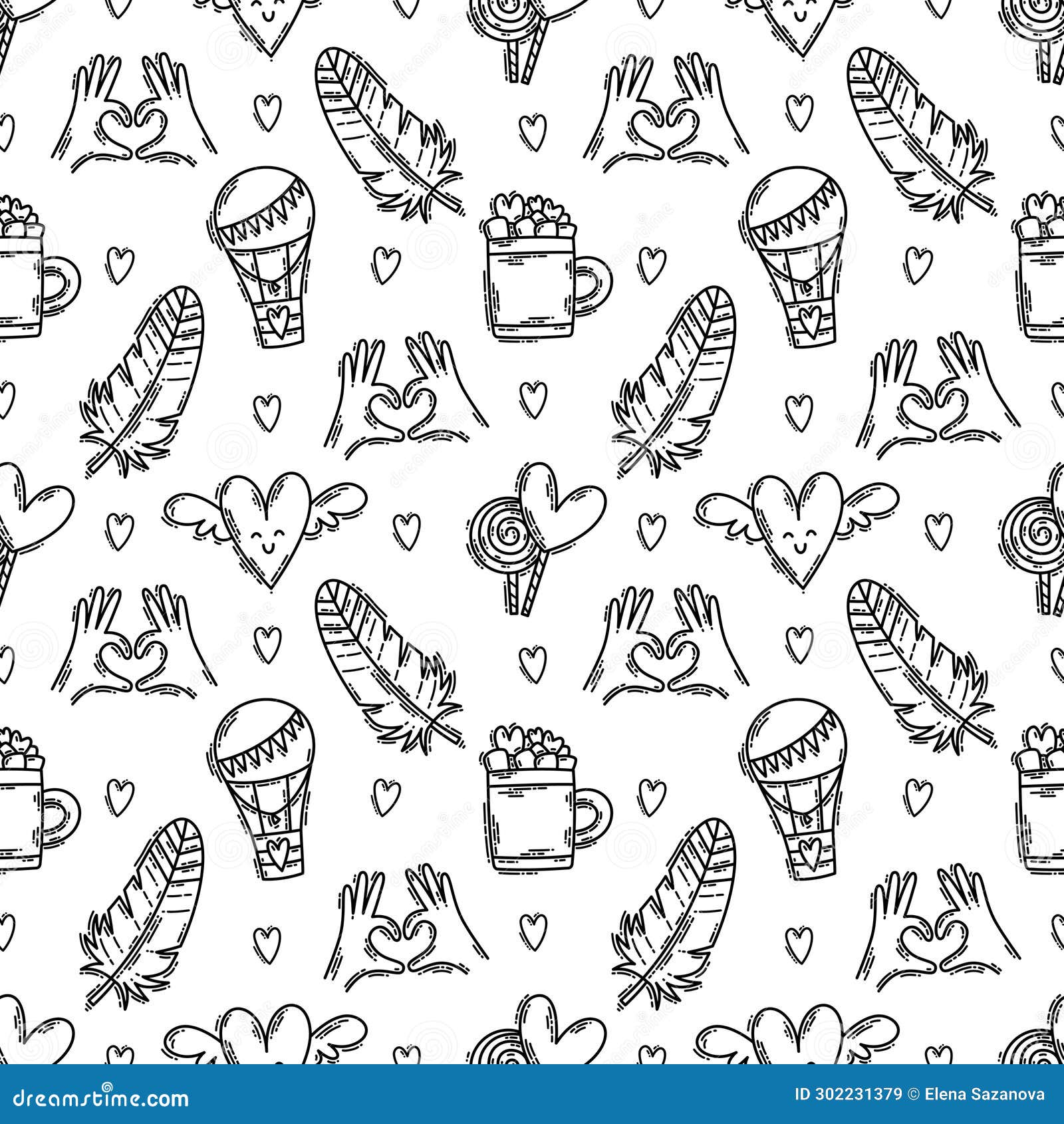 The Love Theme Doodle Style Seamless Pattern in Black and White Stock ...