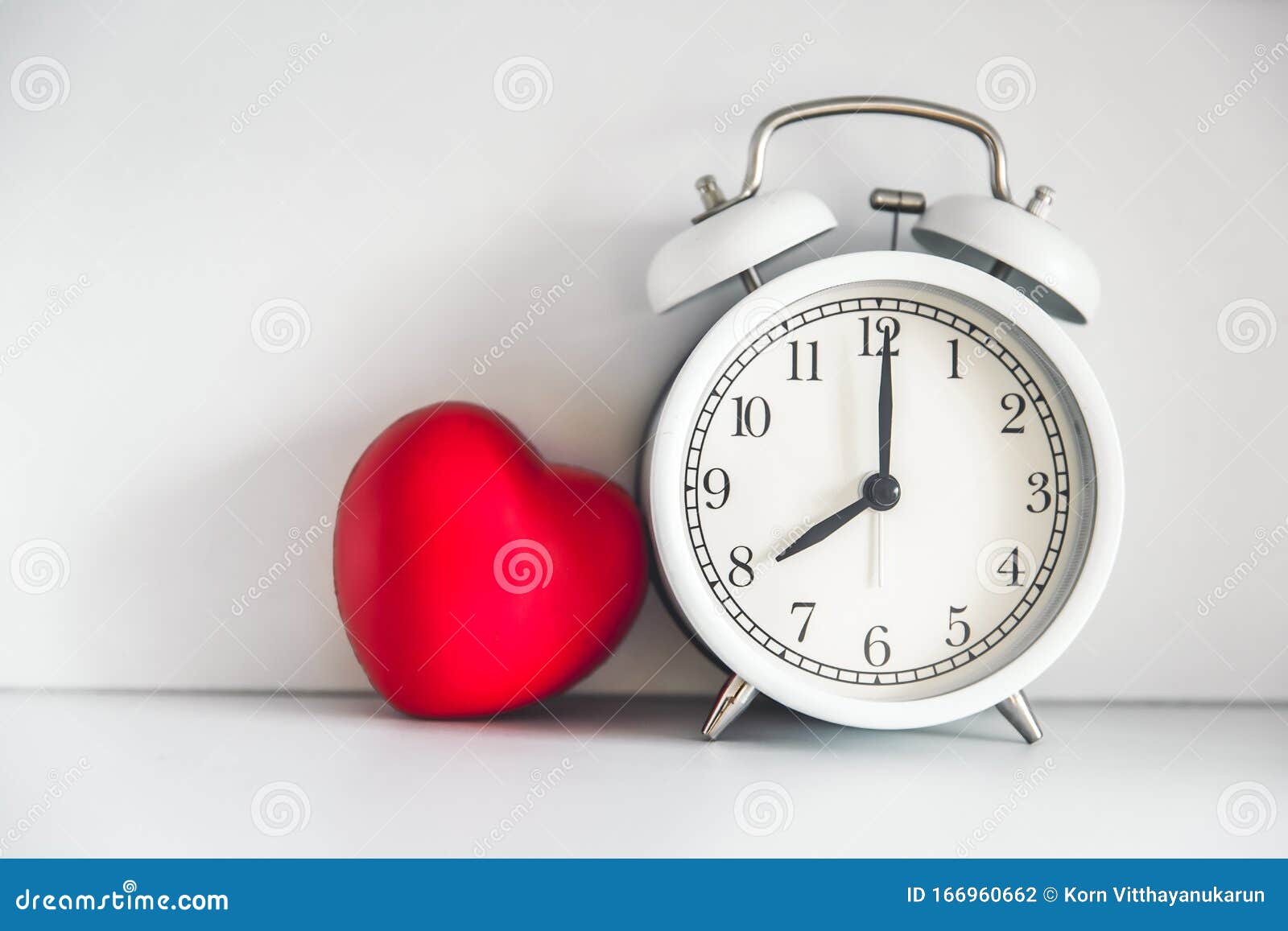 Love Times Memory Concept. Retro White Bell Clock with Red Heart on ...