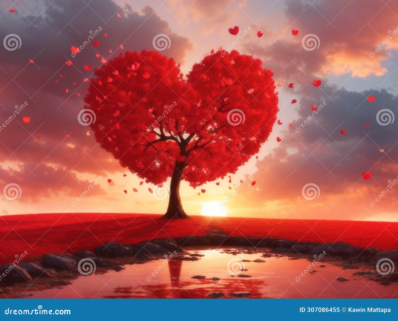 Love Tree Red Heart Shaped Tree at Sunset Background Stock Illustration ...