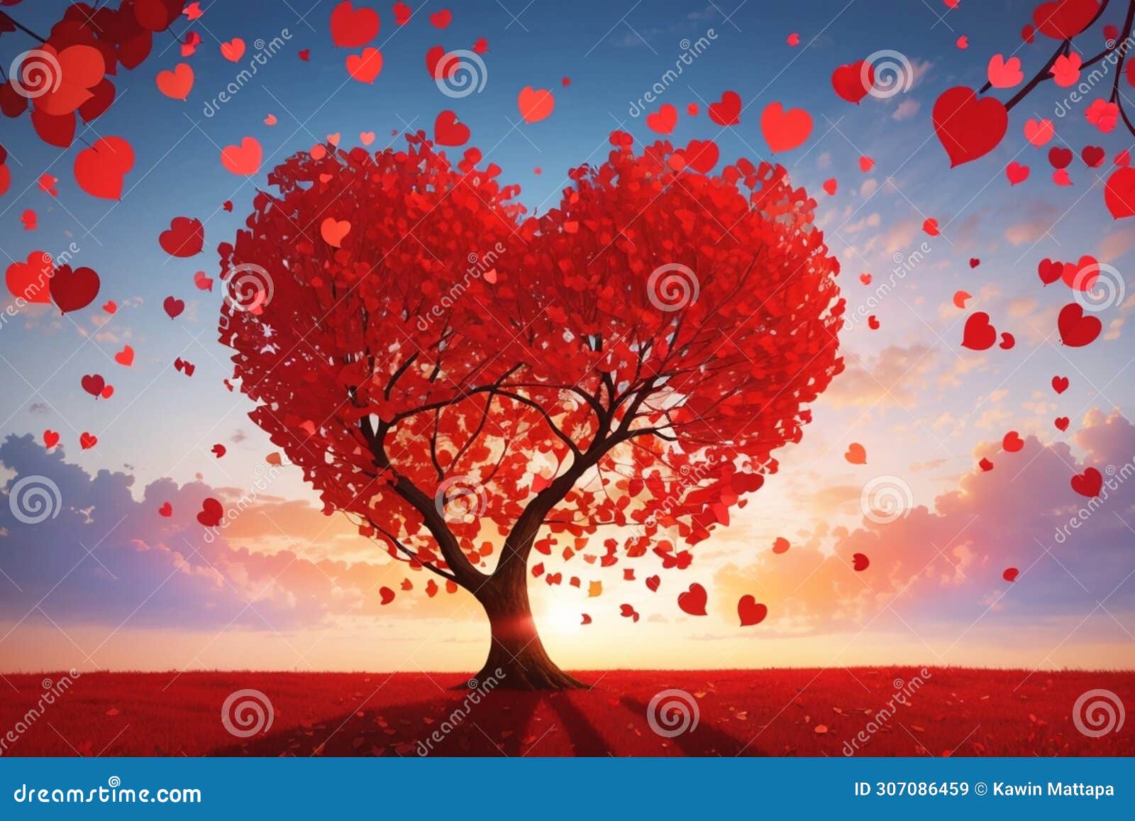 Love Tree Red Heart Shaped Tree at Sunset Background Stock Illustration ...