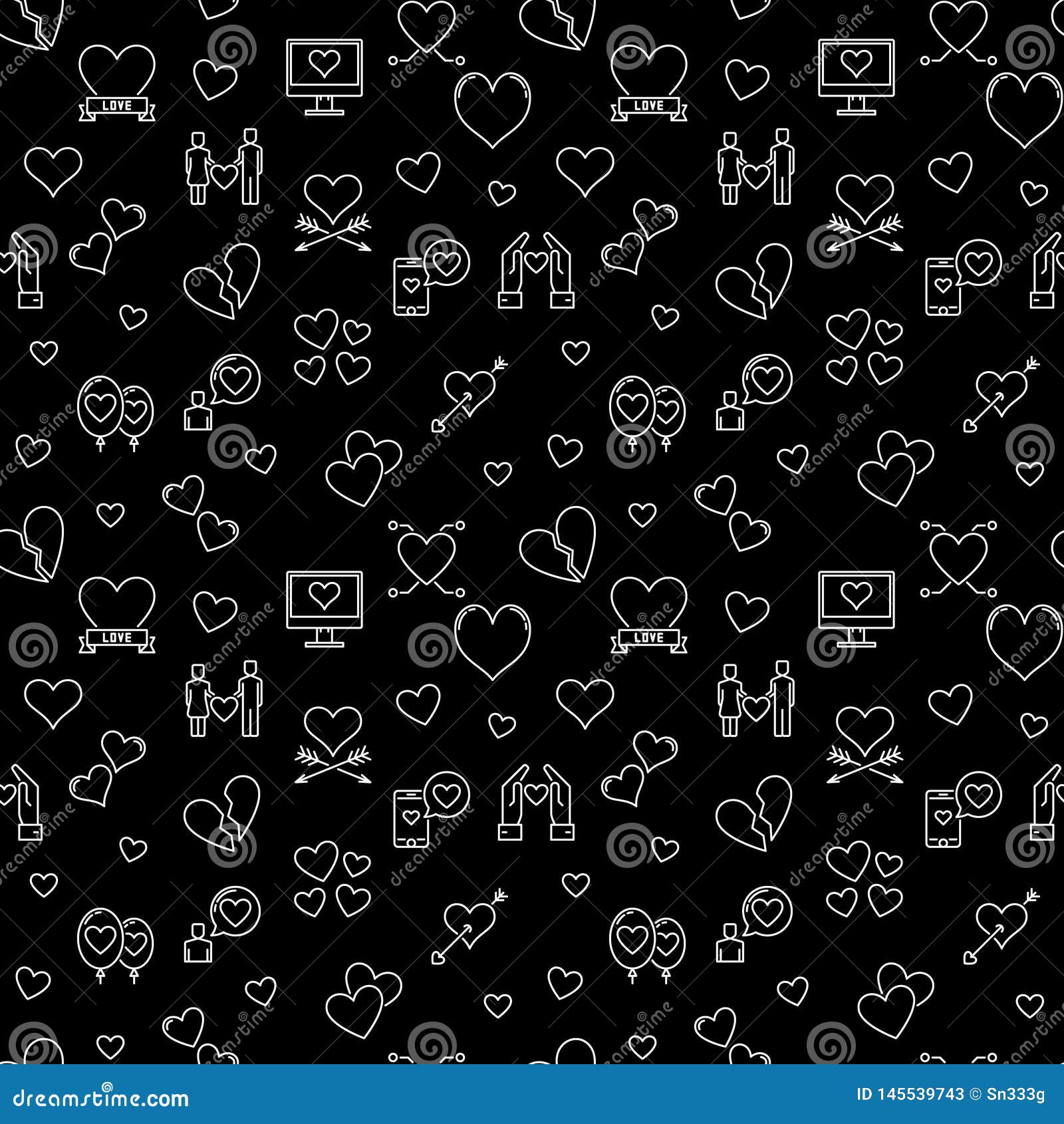 Love Vector Dark Concept Seamless Pattern in Outline Style Stock Vector ...
