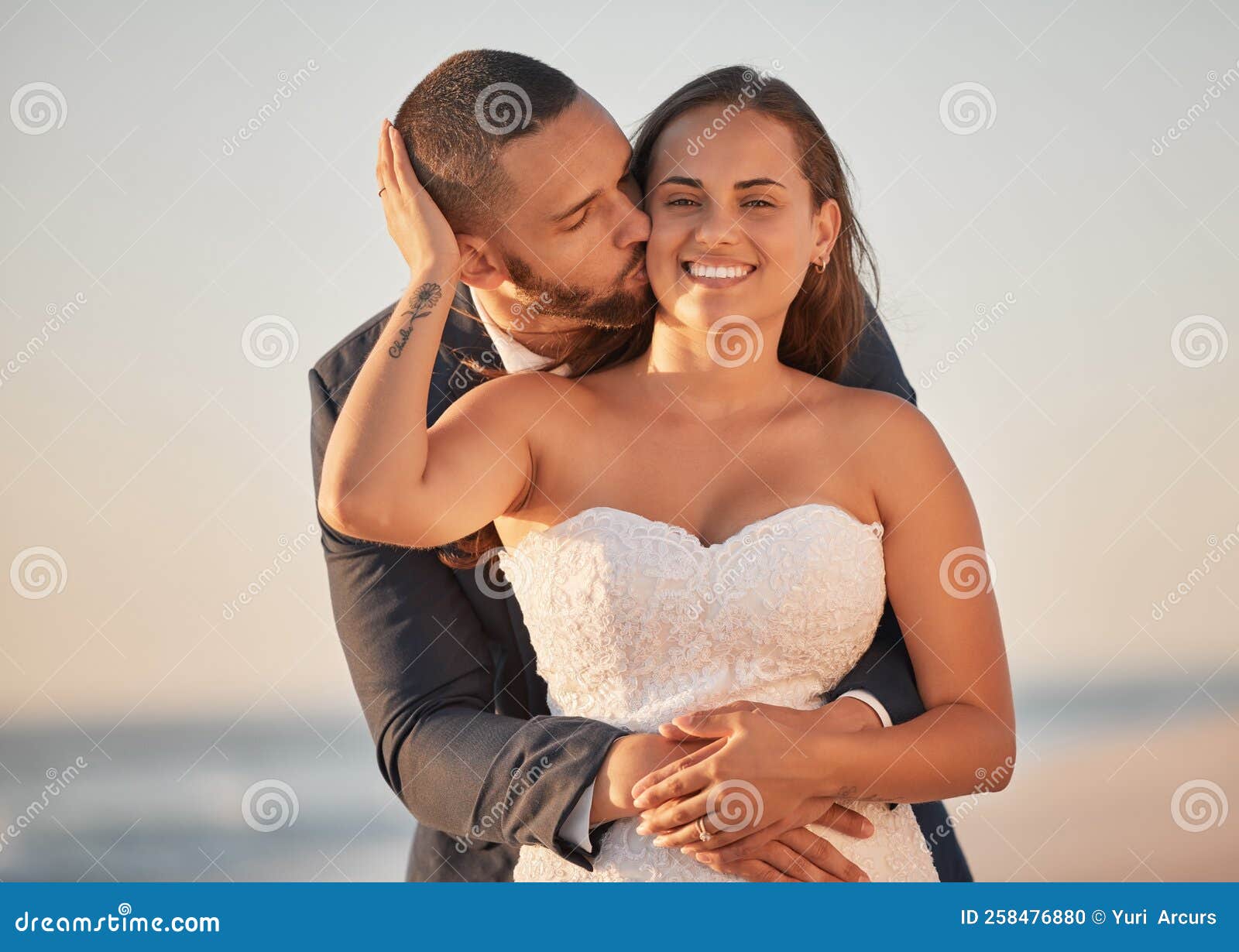 Love Wedding And Couple On Beach Together Hug And Bonding While