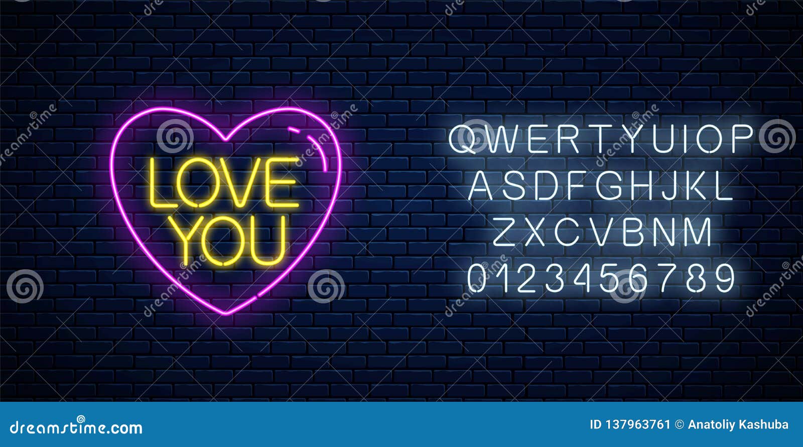 Love You Text In Heart Shape With Alphabet In Neon Style Happy