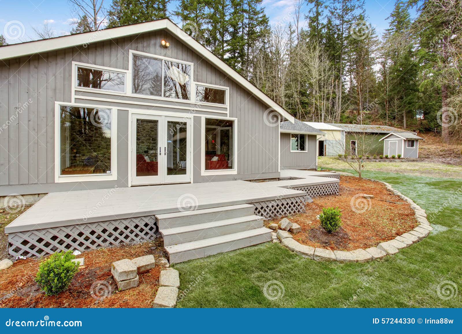 Lovely Back Yard with Porch, and Grass. Stock Photo - Image of home ...