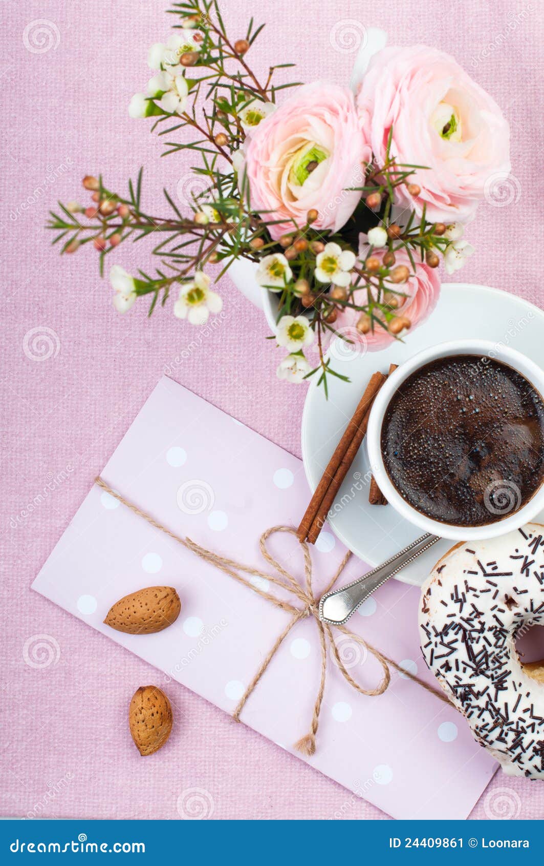 Lovely Breakfast in Pink Colors Stock Image - Image of donuts, home ...