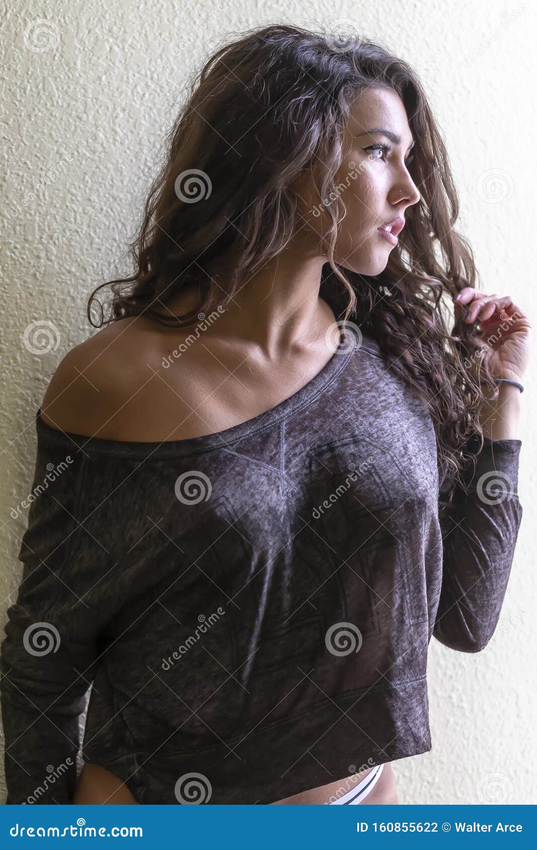 A Lovely Brunette Lingerie Model Poses In A Home Environment Stock