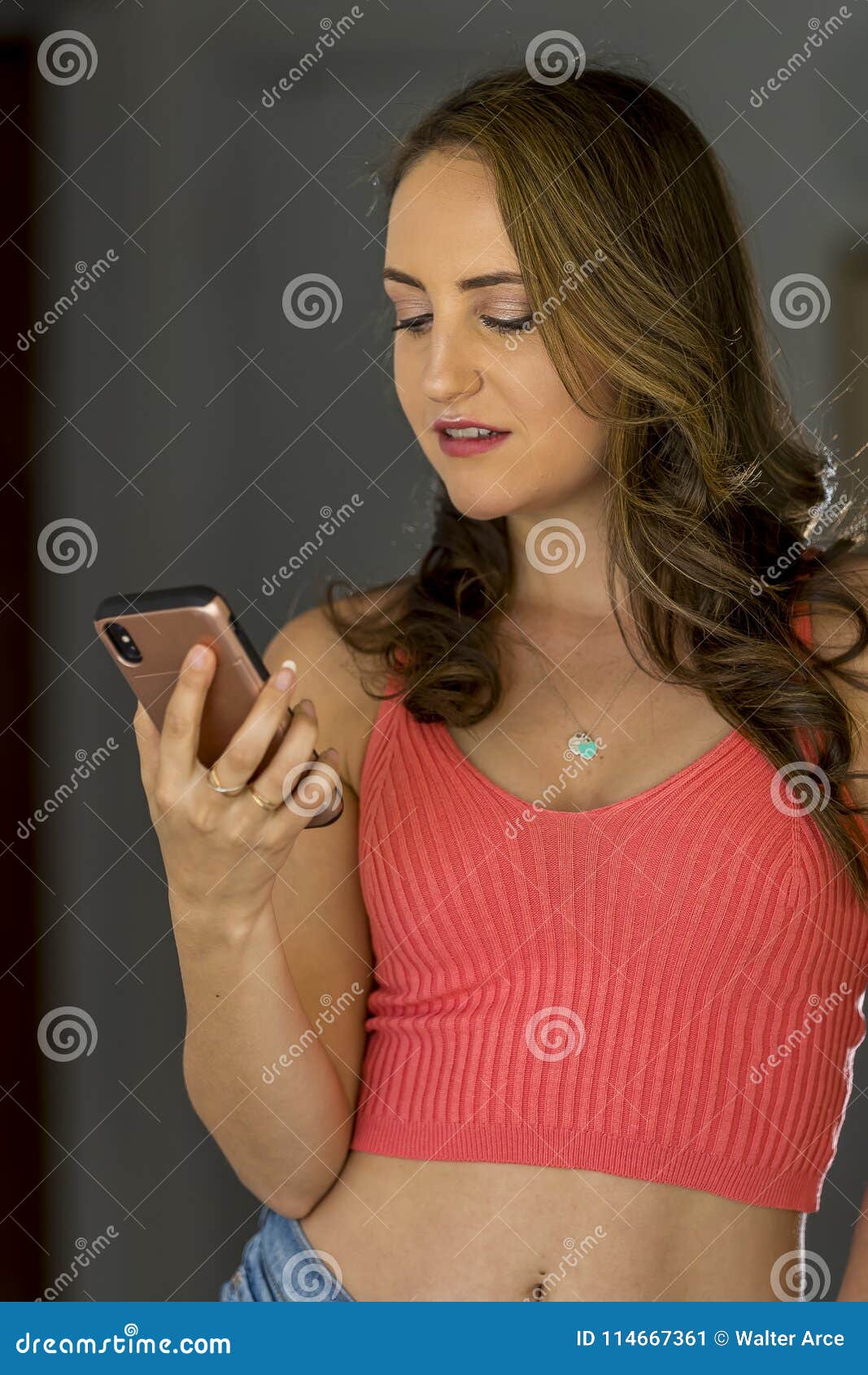 Lovely Brunette Model Taking at Home with Mobile Device Stock Image ...