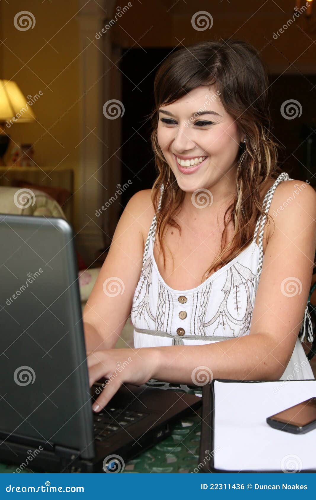 Lovely Brunette Woman at Computer Stock Photo - Image of leisure ...