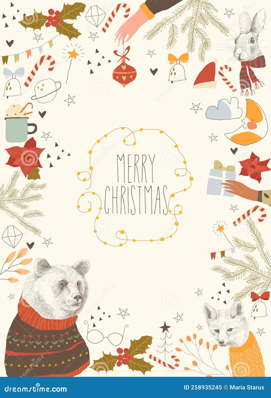 Lovely Cartoon Frame with Cute Animals and Christmas Elements Stock ...