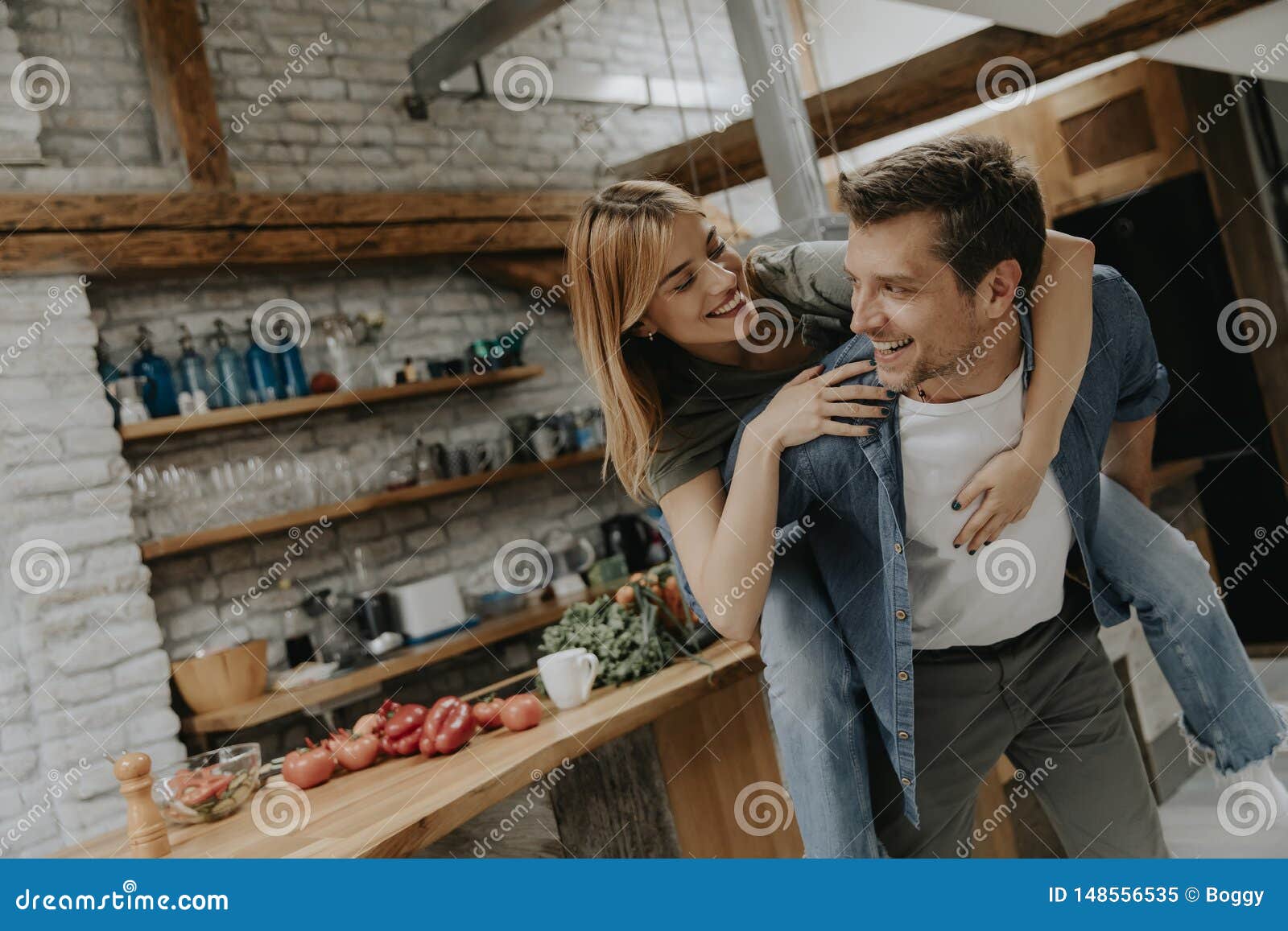 Lovely Couple Having Fun Together at Rustic Kitchen Stock Image - Image ...