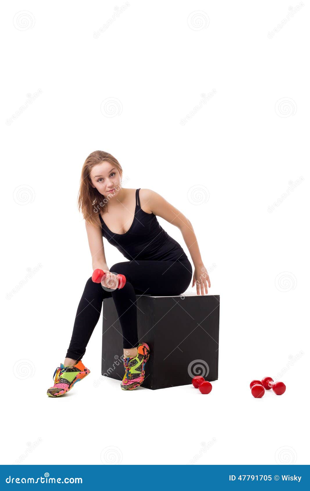 Lovely Female Athlete Posing Sitting on Cube Stock Image - Image of ...