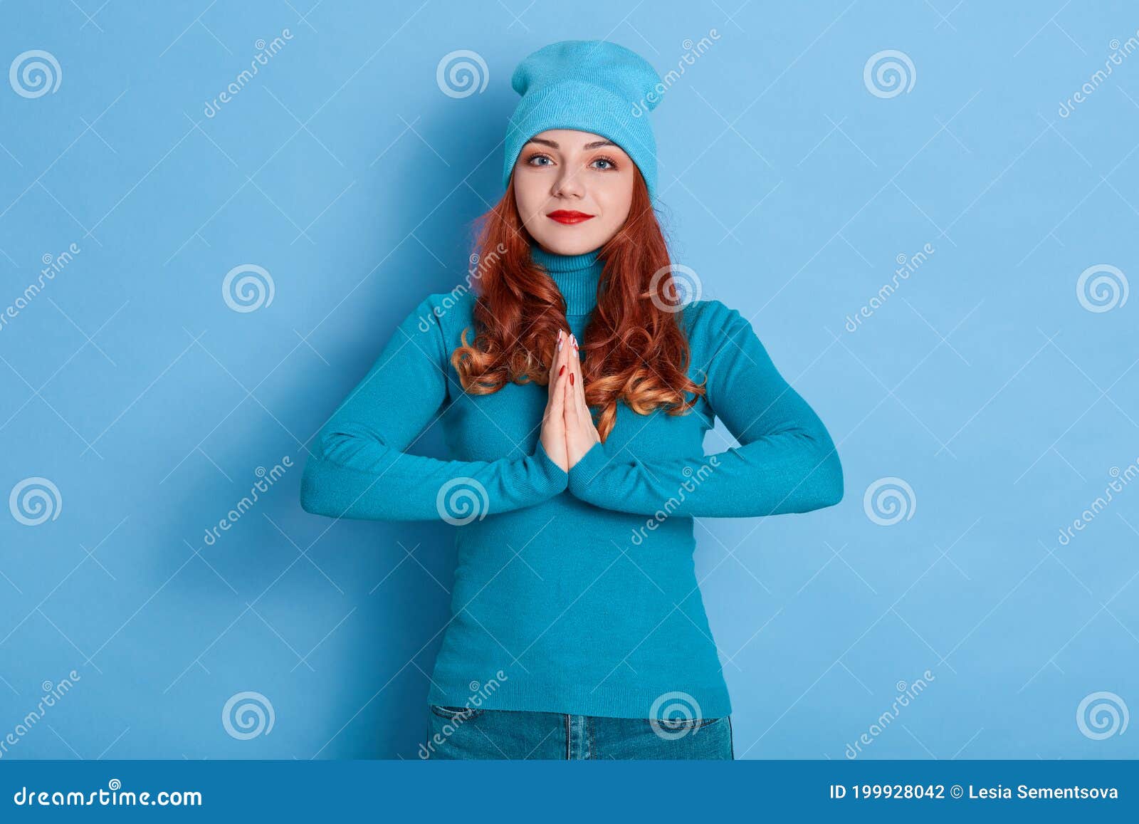 Lovely Female Makes Request, Keeps Palms Presses Together, Asks for ...