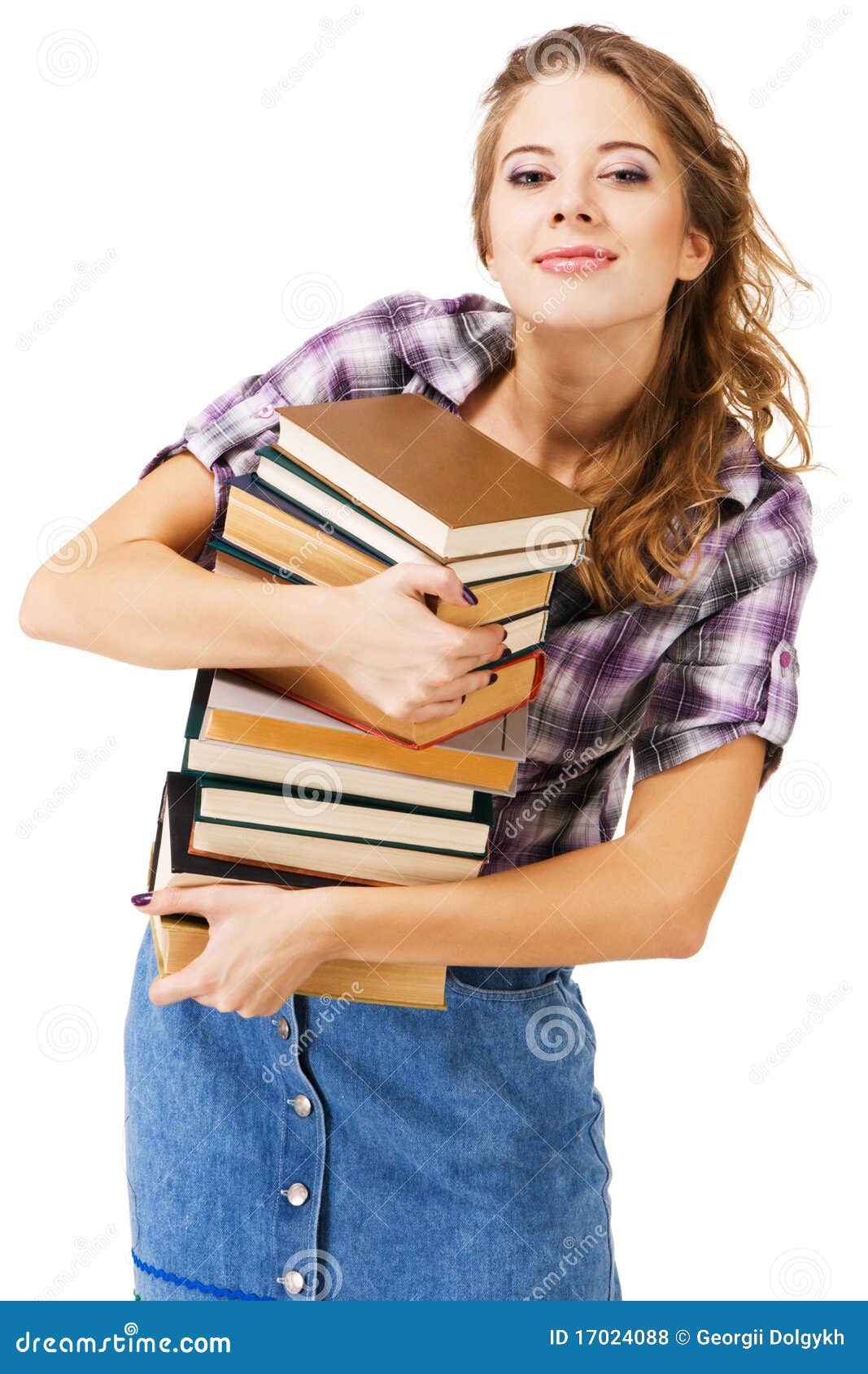 Lovely Girl With A Stack Of Books Stock Photo - Image of studio ...