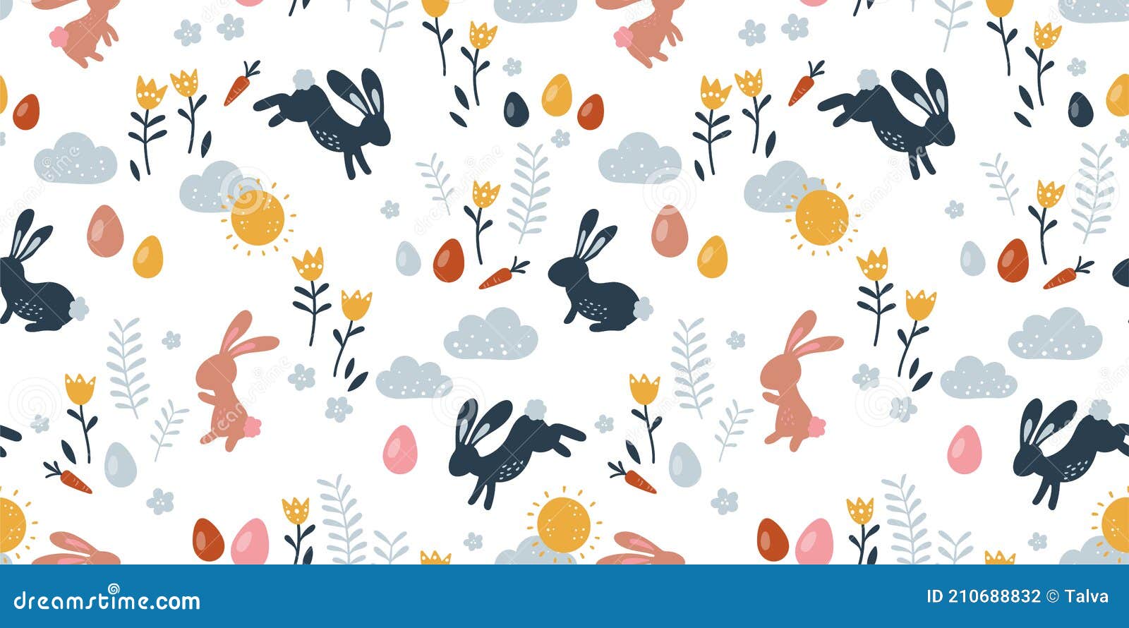 Lovely Hand Drawn Easter Seamless Pattern, Doodle Bunnies, Eggs and Flowers, Great for Banners ...