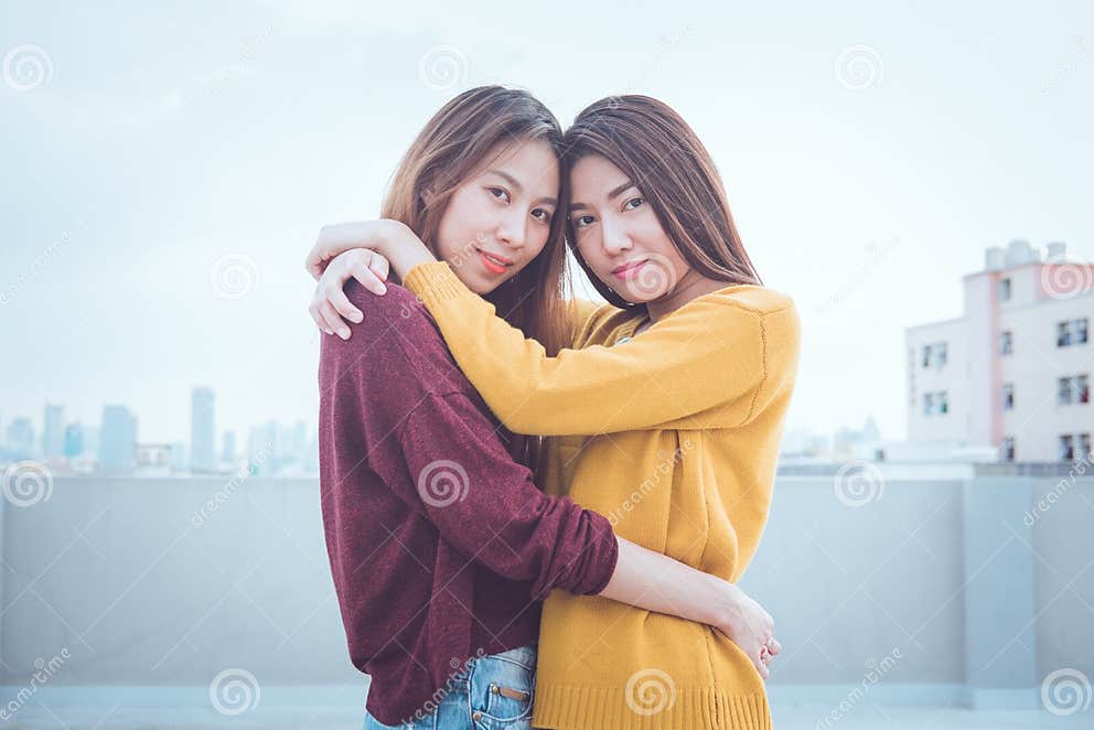 Lovely Lesbian Couple Together Concept Couple Of Young Women Hugging