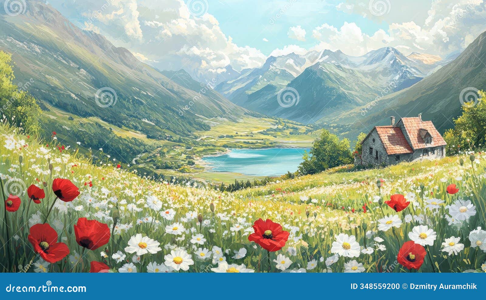 A Lovely Scene with a House and Mountains Forming the Backdrop. Stock ...