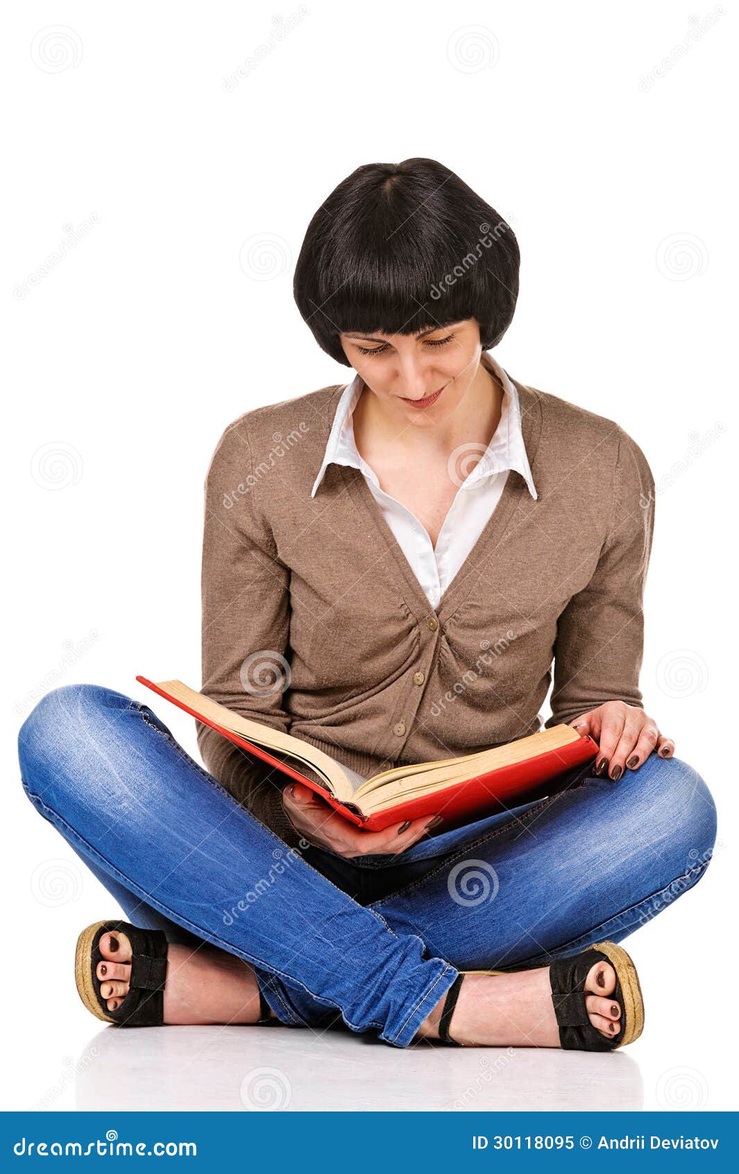Lovely Student Sitting on a Floor and Read the Book, Isolated Stock ...