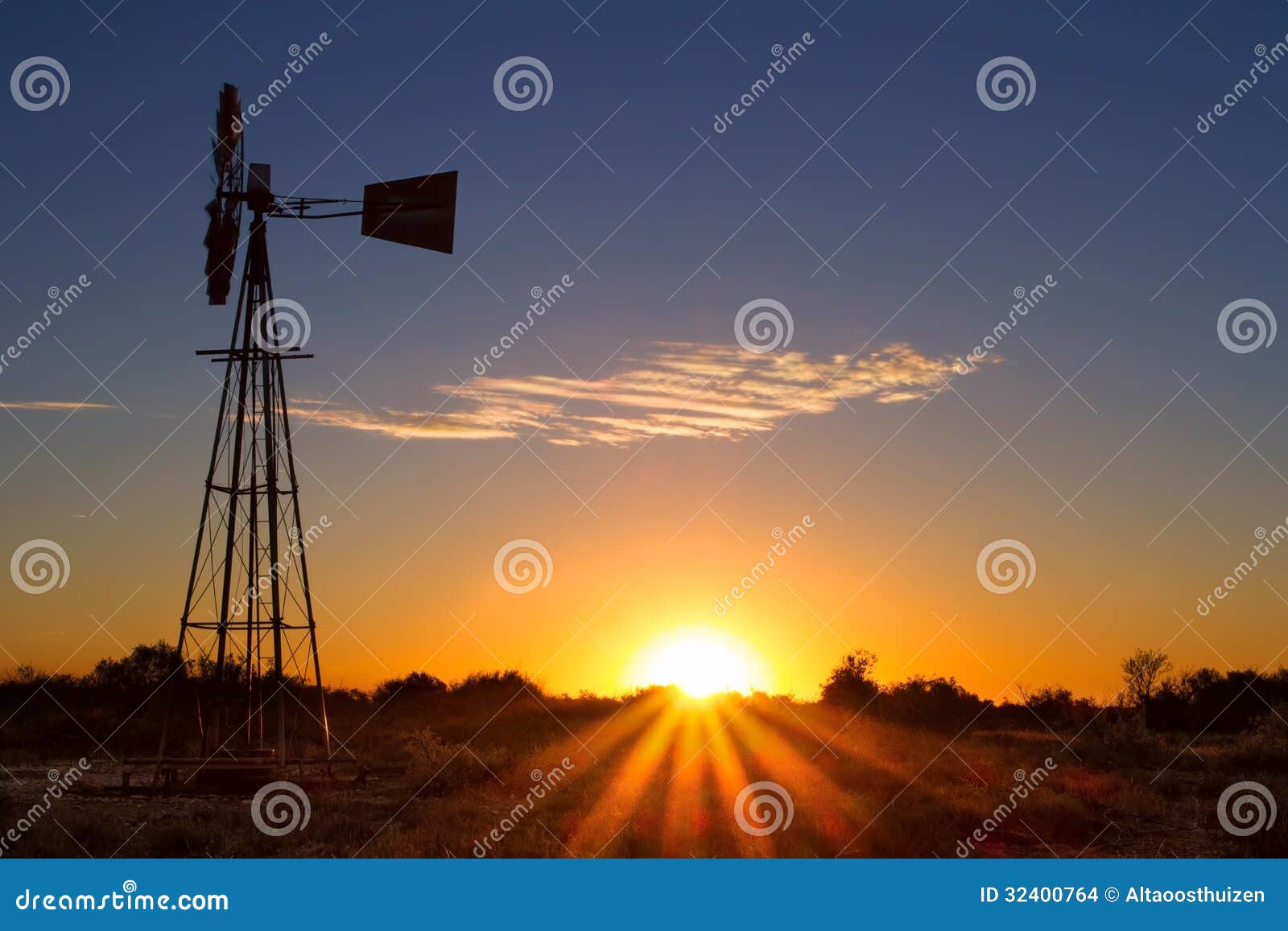 Lovely Sunset in Kalahari with Windmill and Grass Stock Photo - Image ...