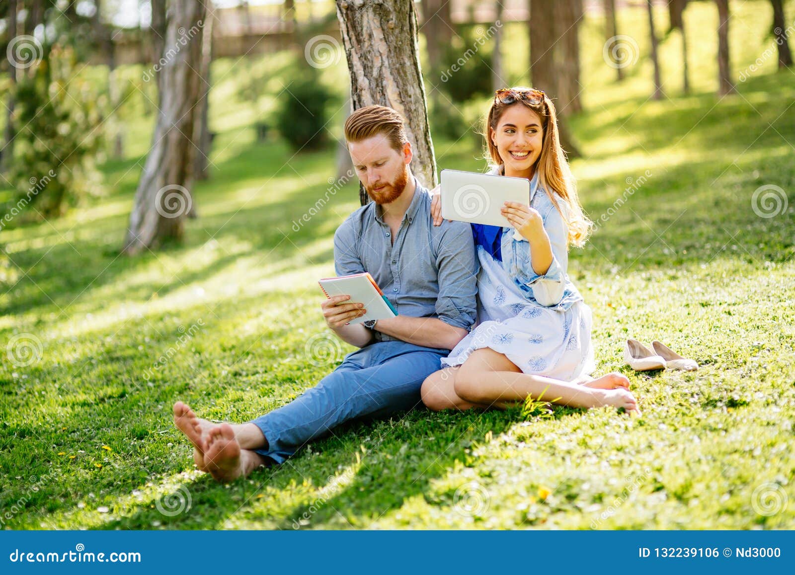 Lovely University Students Studying Outdoors Stock Photo - Image of ...