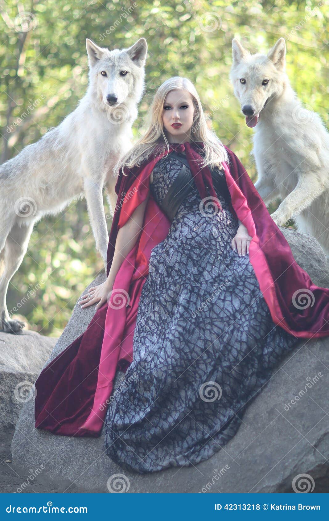 Lovely Woman Posing with Wolves Outdoors Stock Photo - Image of lady ...
