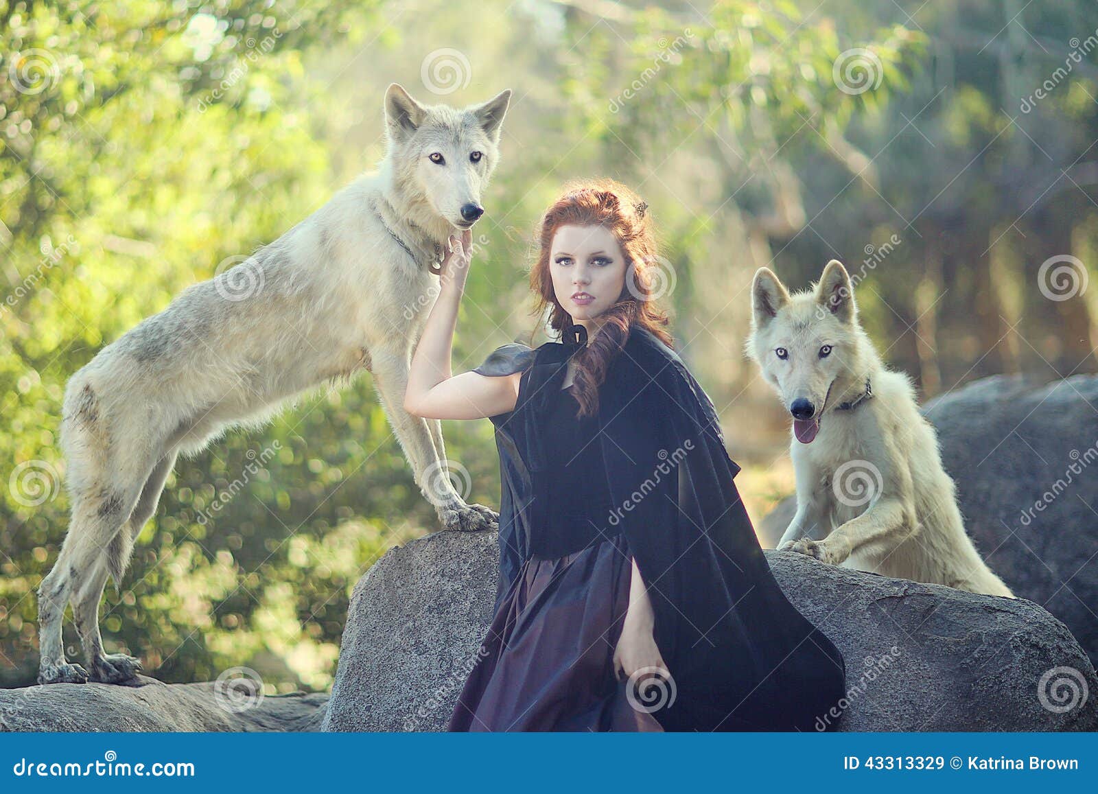 Lovely Woman Posing with Wolves Outdoors Stock Image - Image of glam ...