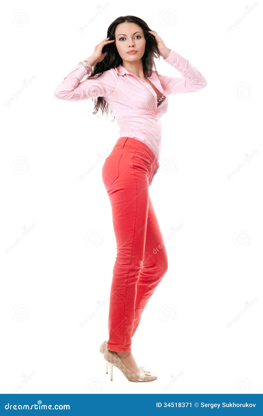 Lovely Young Brunette in Red Jeans Stock Image - Image of elegance ...