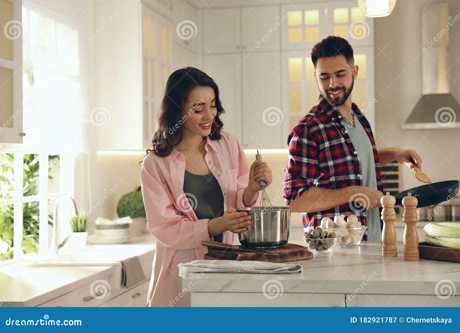 Lovely Young Couple Cooking in Kitchen Stock Image - Image of dinner ...
