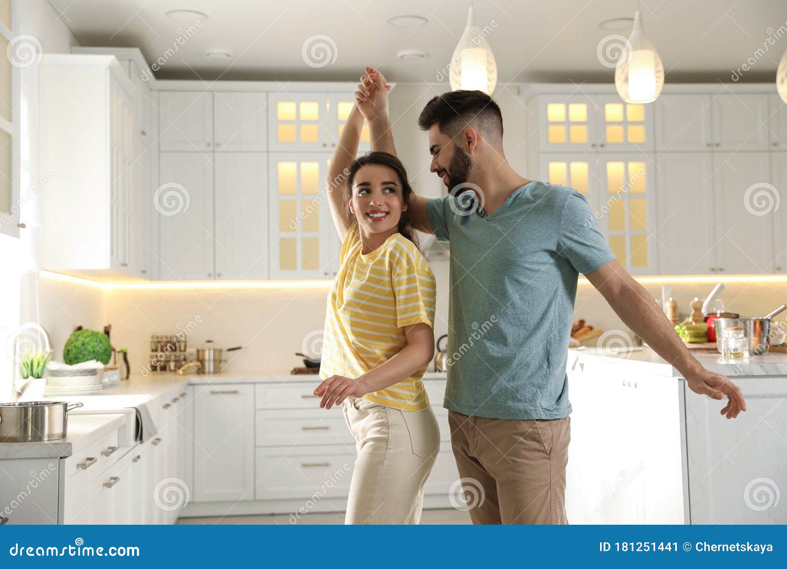 Lovely Couple Dancing in Kitchen. Cooking Together Stock Image - Image ...