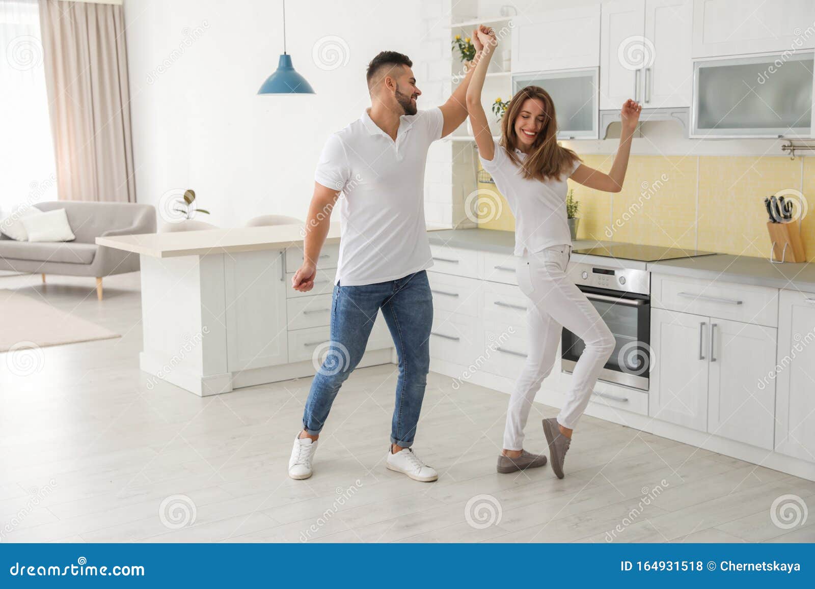 Lovely Young Couple Dancing in Kitchen Stock Photo - Image of energy ...