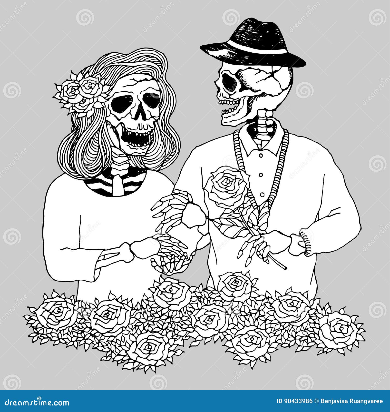 Lover Couple Sugar Skull Day of the Dead, Vector Hand Drawn Stock ...