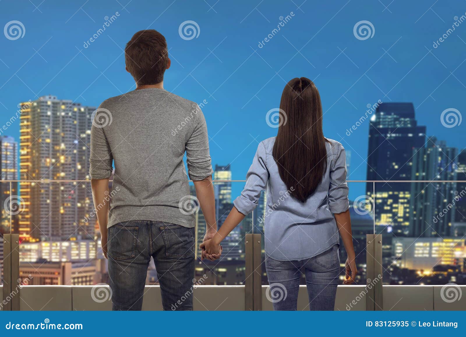 Lover Young Couple Holding Hands Each Other Looking Cityscape Stock