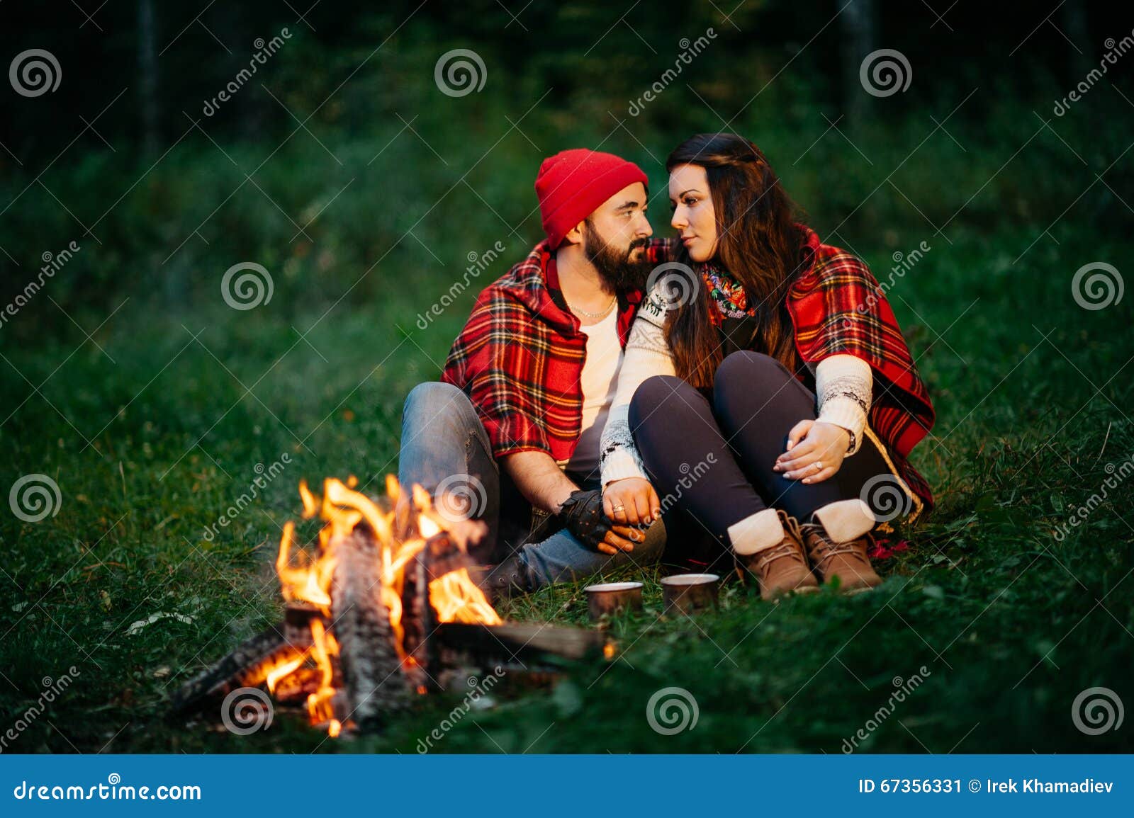 Lovers Around the Campfire at Night Stock Image - Image of lifestyle ...